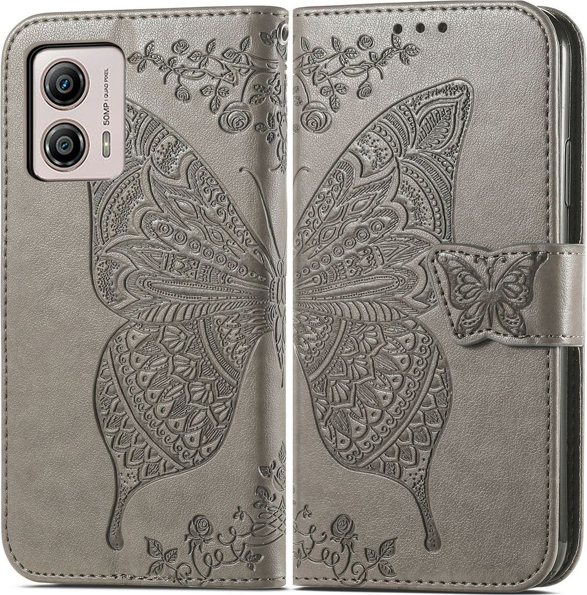 Mobigear Butterfly Motorola Moto E13 Hülle Klapphülle Geldbörse - Grau ...